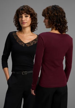 Laura Scott Longsleeve LAURA SCOTT, Damen, Gr. 32/34, rot (schwarz, bordeaux), Rippware, Obermaterial: 100% Baumwolle. Spitze: 95% Polyester, 5% Elasthan, unifarb