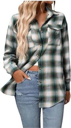 Generic Hauts à manches longues pour femme - Col en V - Col en V - Décontracté - Lâche - Chemisier à carreaux pour femme, Z05-vert noirâtre, XL