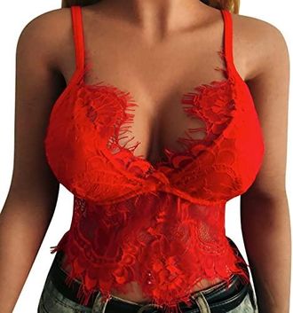 Generic Brassi&egrave;re &agrave; bretelles festonn&eacute;es en dentelle florale ajour&eacute;e dans le dos 2026 pour femme, Rouge, XL