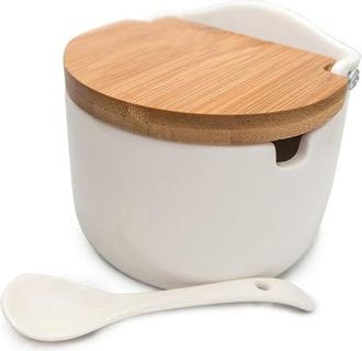 Nerthus Kitchenware Salzstreuer aus Porzellan mit Holzdeckel und L&ouml;ffel, Wei&szlig;