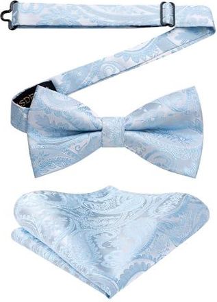 Hisdern Noeuds Papillon Bleu Clair Homme et Mouchoir avec Crochet déjà lié et Réglable Noeud Papillon à Motif Cachemire Carré de Poche Ensemble
