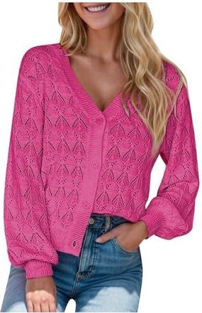 Generic Cardigan court en crochet l&eacute;ger pour femme 2026 printemps 2024 col en V manches longues boutonn&eacute;, Rouge, XXL