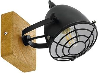 Eglo Deckenlampe Gatebeck, Deckenleuchte Vintage, Industrial, Retro, Deckenstrahler aus Stahl in Schwarz und Holz in Natur, Wohnzimmerlampe, E14 Fassung, F