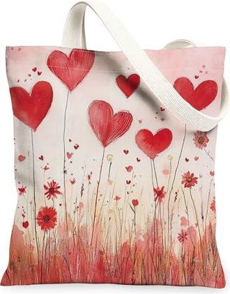 Generic Sacs fourre-tout r&eacute;utilisables en toile motif coeur floral pour la Saint-Valentin, sacs d&eacute;picerie printaniers, l&eacute;gers, lavables en toile pour voyage, 