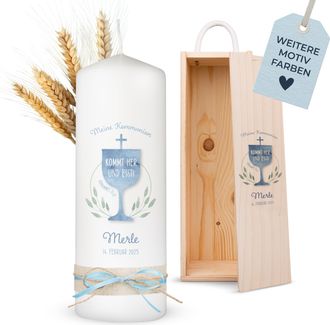 Amari Kommunionkerze Personalisiert Kelch 2025 (002.08.11) H:20cm - Leitwort Kommt her und esst - f&uuml;r Junge/M&auml;dchen mit Personalisierung