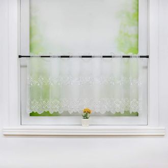 Joyswahl Voile Scheibengardine Durchzuglöcher mit Blüten-Stickerei transparente Bistrogardine Küche Kurzstore HxB 30x120cm Weiß 1 Stück