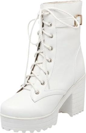 Generic Bottines pour Femme à Lacets Talon Bloc Plateforme Bout Rond Bottes Courtes Elegant Style Britannique Antidérapante Bottines Talon Haut Décontractée L