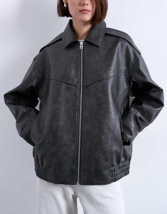 Topshop Bomber oversize coupe bouffante en similicuir avec surpiq&ucirc;res et fermeture &eacute;clair - Noir d&eacute;lav&eacute;