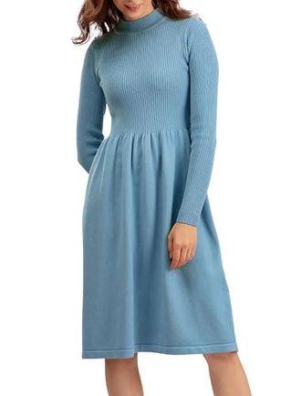 Generic Robes Tricotées Femme Col Roulé Manches Longues Robe Midi Extensible Élasticité Coupe Ample Flottante