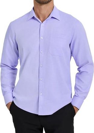 Hisdern Chemise Lilas Homme Mariage Chemise a Manches Longues Couleur Unie Style Coton à Poignets Boutonnés pour Affaires Hiver Taille 2XL