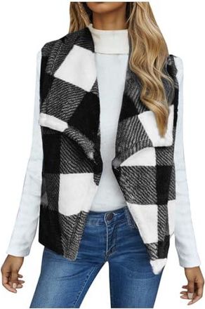 Generic Vestes pour femmes 2026 gilet &agrave; revers imprim&eacute; &eacute;cossais veste sans manches d&eacute;contract&eacute;e chaude hiver v&ecirc;tements dext&eacute;rieur, Noir, XXL