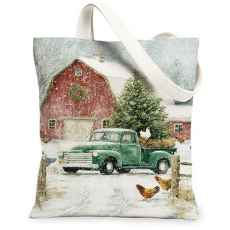 Generic Sacs fourre-tout rustiques en toile pour camion, motif ferme dhiver, r&eacute;utilisables, l&eacute;gers et lavables avec bandouli&egrave;re pour lext&eacute;rieur, vert, 13x15 I