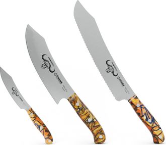 GIESSER seit 1776 - Made in Germany - PremiumCut, Spicy Orange, Messerset 3 teilig, Kochmesser 20 cm, Brotmesser 25 cm, Officemesser 10 cm, Acryl, exotisch, r
