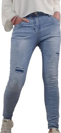 Jewelly Damen Stretch Mom Jeans| Slim Boyfriend Style| Zipper und Knopf (DE/NL/SE/PL, Alphanumerisch, XS, Regular, Regular, Denim Heavy Used)