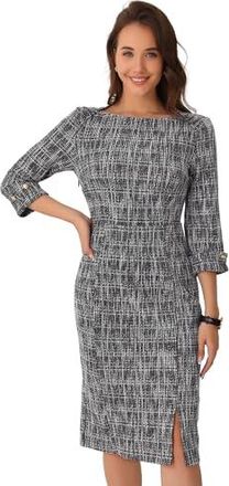 Allegra K Robe en Tweed Femme Robe Crayon &Eacute;l&eacute;gante &agrave; Col Bateau et &agrave; Manches 3/4 Robe Moulante Fendue de Bureau Noir S