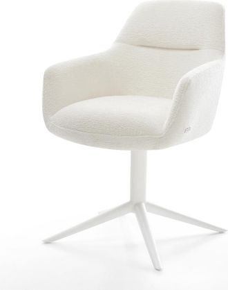 DELIFE Drehstuhl Pejo-Flex Bouclé Soft Beige Fußkreuz Weiß 360° drehbar Wippfunktion Taschenfederkern, Esszimmerstühle