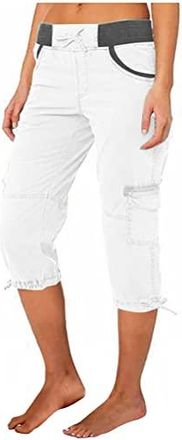 ORANDESIGNE Pantalons Femme Cargo 3/4 Long Sport Capri Pantalon Travail Jogging avec Poches Été Taille Haute Pantalon Sport Décontracté Pantacourt A Blanc XL