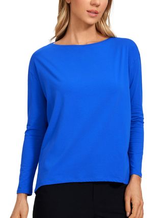 CRZ YOGA Damen Pima Baumwolle Sport Langarmshirt Fitness Yoga Langarm Leichte Shirt Longsleeve Lässig Oberteile Starkes Blau 36