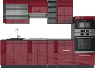 Vicco Küchenzeile Fame-Line, Bordeaux Hochglanz/Anthrazit, 280 cm, AP Anthrazit