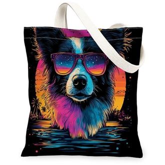 Generic Sac fourre-tout en toile motif chien Border Collie d&eacute;t&eacute; pour faire du shopping 33 x 38,1 cm, sac d&eacute;picerie r&eacute;utilisable pour femme, motif animal de co