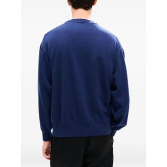 Kenzo Mens V-Neck Cardigan With Embroidered Motif Blue Wool Cardigans Sweater