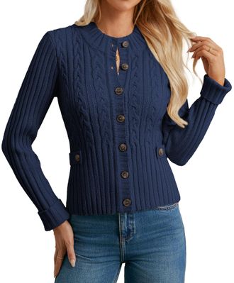 Grace Karin Cardigan Damen Elegant Wintger Stehkragen Langarm Strickjacke Damen Business Outfit mit Kn&ouml;pfen Marineblau L