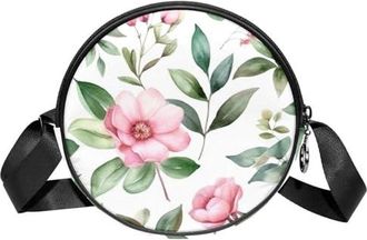 Generic Petit sac &agrave; bandouli&egrave;re circulaire pour femme, motif feuilles florales, sac &agrave; dos avec fermeture &eacute;clair, bretelles r&eacute;glables, sac &agrave; main rond d&eacute;contra