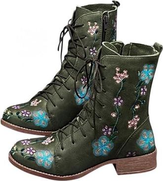 Generic Bottes dhiver pour femme - Bottes de marche mi-mollet - Bottines de combat brodées à fleurs - Chaussures de combat à lacets pour femme - En cuir à fle
