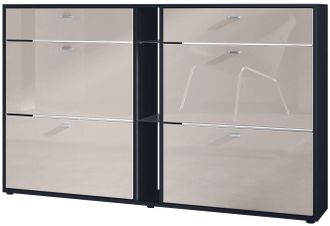 Vladon Schuhschrank Schuhkipper Today 155,5 x 95 x 28 cm, Made in Germany, Korpus in Schwarz matt, Fronten in Sandgrau Hochglanz