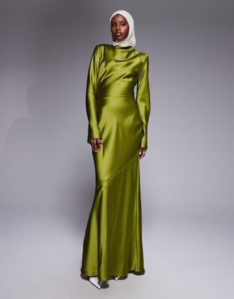 Daska Robe longue en satin &agrave; noeud oversize au dos - Vert olive