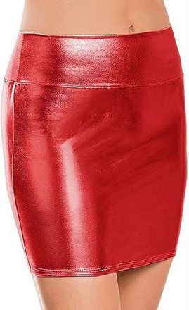 Generic Jupe en aluminium brillant pour femme - Mini jupe-short crayon en similicuir &agrave; taille &eacute;lastique - Extensible - Rehausseur les fesses - Jupe-short pour