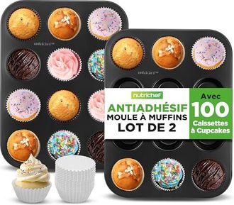 Nutrichef NutriChef Lot de 2 Plaques &agrave; Muffins 12 cups - Acier Empilable, Compatible Lave-Vaisselle et Four, 100 Caissettes Incluses, Noir