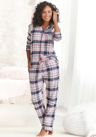 H.I.S Pyjama H.I.S, Damen, Gr. 32, bunt (rosa, kariert), Flanell, Obermaterial: 100% Baumwolle, gemustert, kariert, mehrfarbig, Basic normal, V-Ausschnitt, 