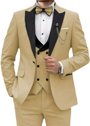 Generic Costume 3 pièces élégant en velours pour homme, coupe ajustée, revers à visière, smoking, veste de dîner, gilet et pantalon, kaki, 7XL