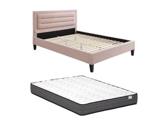 Vente-Unique Bett 140 x 190 cm mit gepolstertem Kopfteil + Matratze - Rosa - MACHUPIO