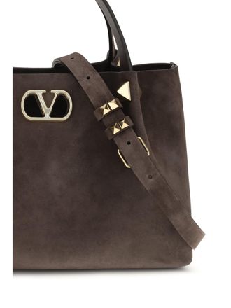 Valentino Garavani Womens Suede Handbag Ebony Brown Calf Leather Shoulder Bags