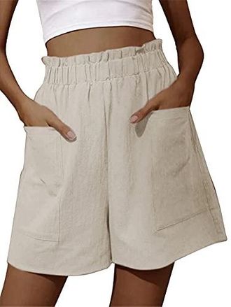 ORANDESIGNE Bermudas pour Femme Mode Short Taille élastique Short en Coton et Lin Pantalon Court Couleur Unie Oversize Casual Home Shorts Pantalon Droit Pantalon 