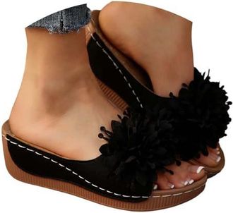Generico Sandales d&eacute;t&eacute; &agrave; plateforme pointe, talon slip-on design floral, respirant, chaussures de plage d&eacute;contract&eacute;es larges, Noir, 43 EU Larga