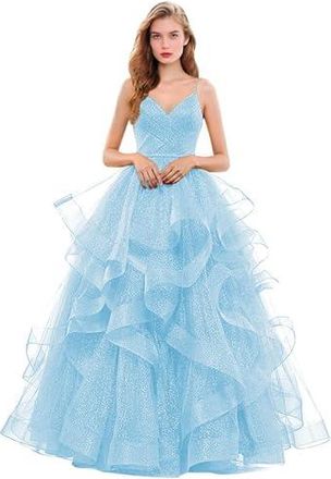 Generic Robe de bal en tulle pailleté avec col en V et bretelles spaghetti, robe de demoiselle dhonneur, robe de soirée formelle longue à étages, bleu clair, 