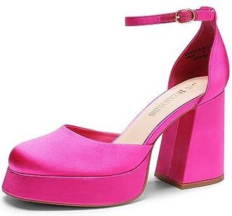 Dream Pairs Escarpins Femme Talon Haut Chunky avec Plateforme, Chaussures Habillées Confortables avec Bride Cheville pour Soirée ou Fête,Size 38.5,Rose Chaud-Sati