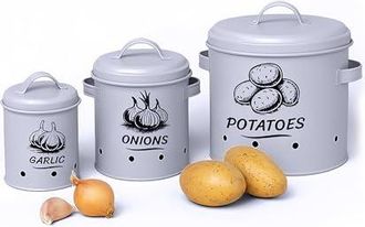 Relaxdays Kartoffel Aufbewahrungsbox, Zwiebeln, Knoblauch, 3er Set, mit Deckel & L&ouml;chern, Metall, Zwiebeltopf, grau