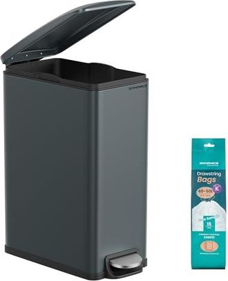Songmics Poubelle de Cuisine 48L, Poubelle &agrave; P&eacute;dale, Fine, pour Petits Espaces, Couvercle &agrave; Fermeture en Douceur, avec Seau Int&eacute;rieur, en Acier, 15 Sacs Poubel