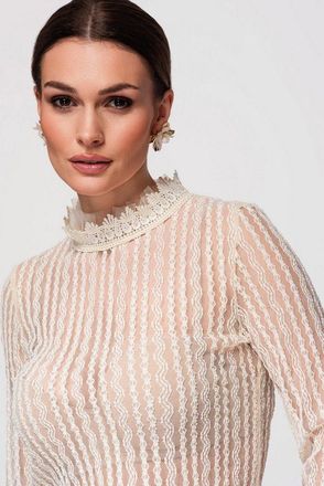 Ombre Langarmbluse Transparente Damenbluse aus Spitze mit Stehkragen und langen &Auml;rmeln