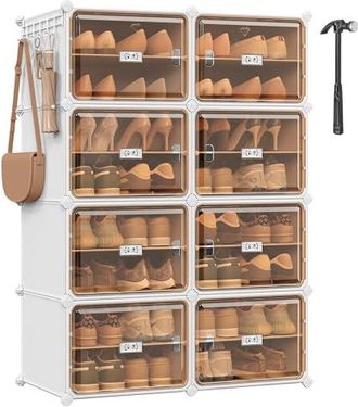 Songmics Schuhregal mit 8 Fächern, Schuhschrank, 30 x 45 x 30 cm pro Fach, durchsichtige Tür, Metallrahmen, für 32 Paar Schuhe, Flur, Schlafzimmer, wolkenweiß-