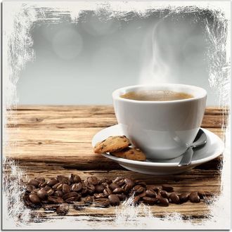 Wallario Wandbild aus Holz Heiße Tasse Kaffee mit Kaffeebohnen - 50 x 50 cm in Premium-Qualität: Brillante Farben