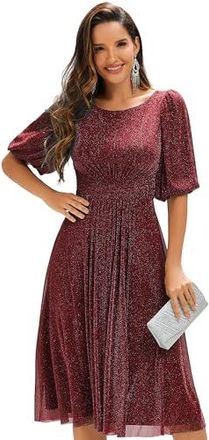 Ever-pretty Robe de Soir&eacute;e Femme Mi-Longue &Eacute;vas&eacute;e avec Manches Bouffantes Ceinture Haute C&eacute;r&eacute;monies F&ecirc;tes Bordeaux 42