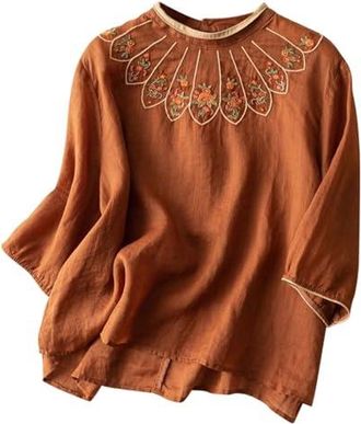 Generic Tunique brod&eacute;e boh&egrave;me en lin pour femme - Coupe ample - Motif floral - Printemps indien &agrave; volants sur le devant - Chemise d&eacute;contract&eacute;e &agrave; manches 3/4 -