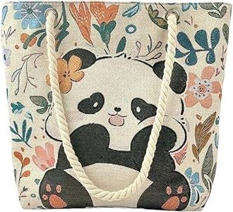 Generic Sac fourre-tout en toile de coton pour femme avec fermeture éclair et poches, grand sac de courses réutilisable motif panda adorable, C, cm