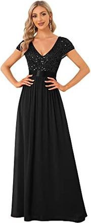 Ever-pretty Robe Cocktail Mariage Femme Longue à Paillettes Col V Manches Courtes Mousseline de Soie A Line Brillante Noir 48