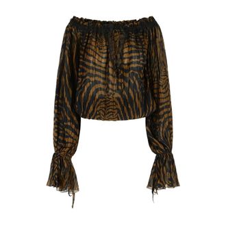 Blumarine Femme, Blouses et Chemises, Brun, Taille: 38 FR Haut en mousseline de soie &agrave; imprim&eacute; z&egrave;bre et bordure en dentelle